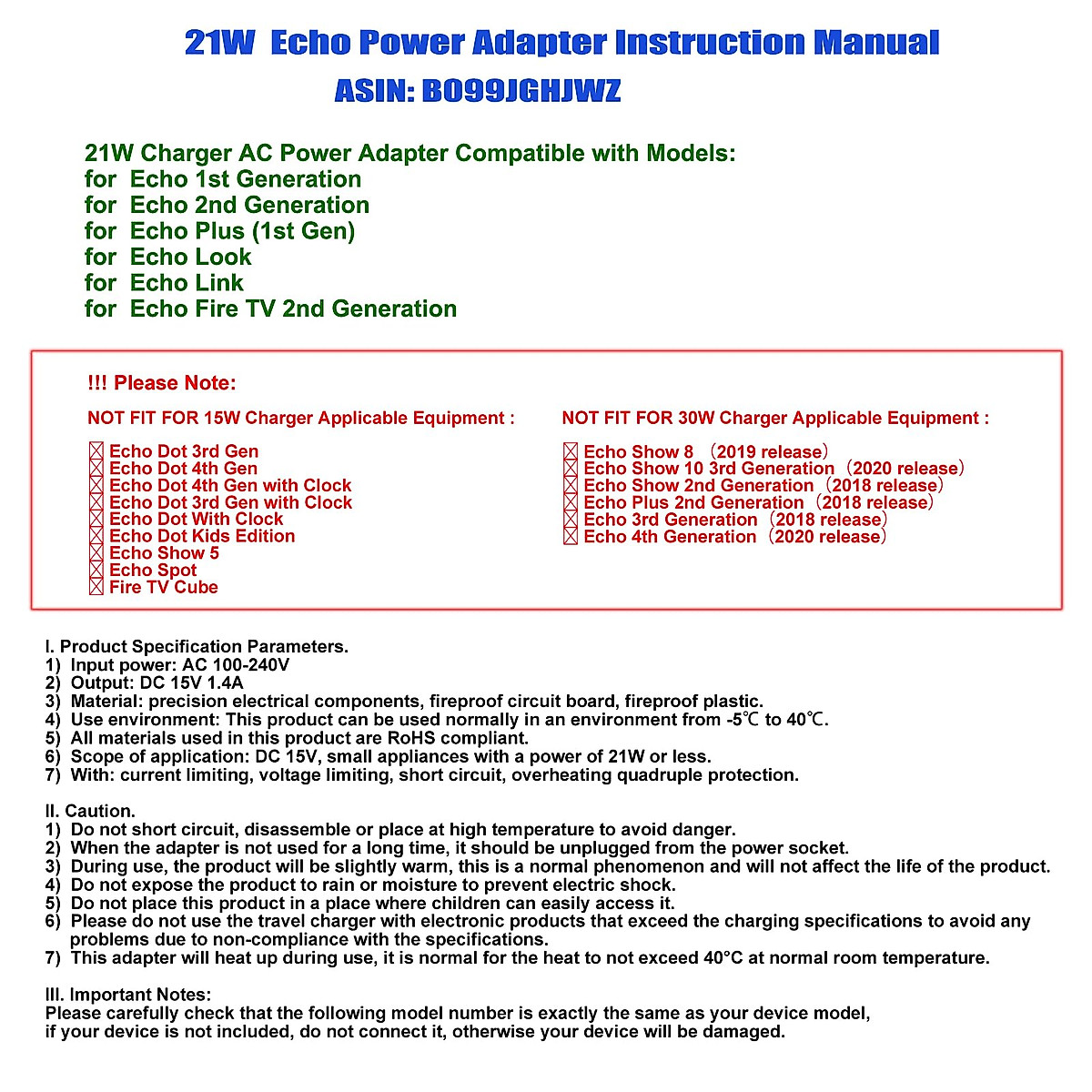 Gonine Charger 21W Power Cord, Compatible with Echo 1st and 2nd Gen, Fire TV (2nd Gen), Echo Look, Echo Link. 15V Power Supply.
