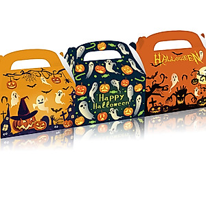 12 Pcs Halloween Party Goodies Boxes Dessert Treat favors Gable Decorations, Pumpkin Candy Bags with Handle, Happy Meal Paper Box for Keeping Candy Popcorn, Toys Birthday Kraft yellow small (12)