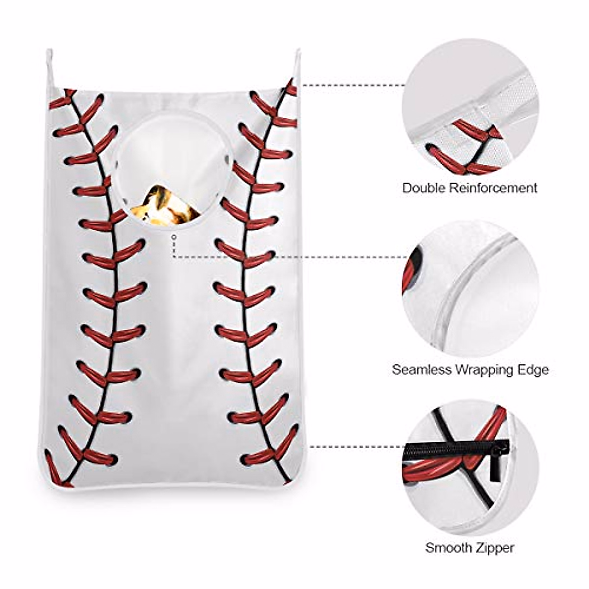 Red Stitching Baseball Door Hanging Laundry Hamper Bag Softball Laces Space Saving Wall Large Laundry Basket Storage Dirty Clothes Bags with Bottom Zippers Hooks for Bathroom Bedroom 1 Pcs