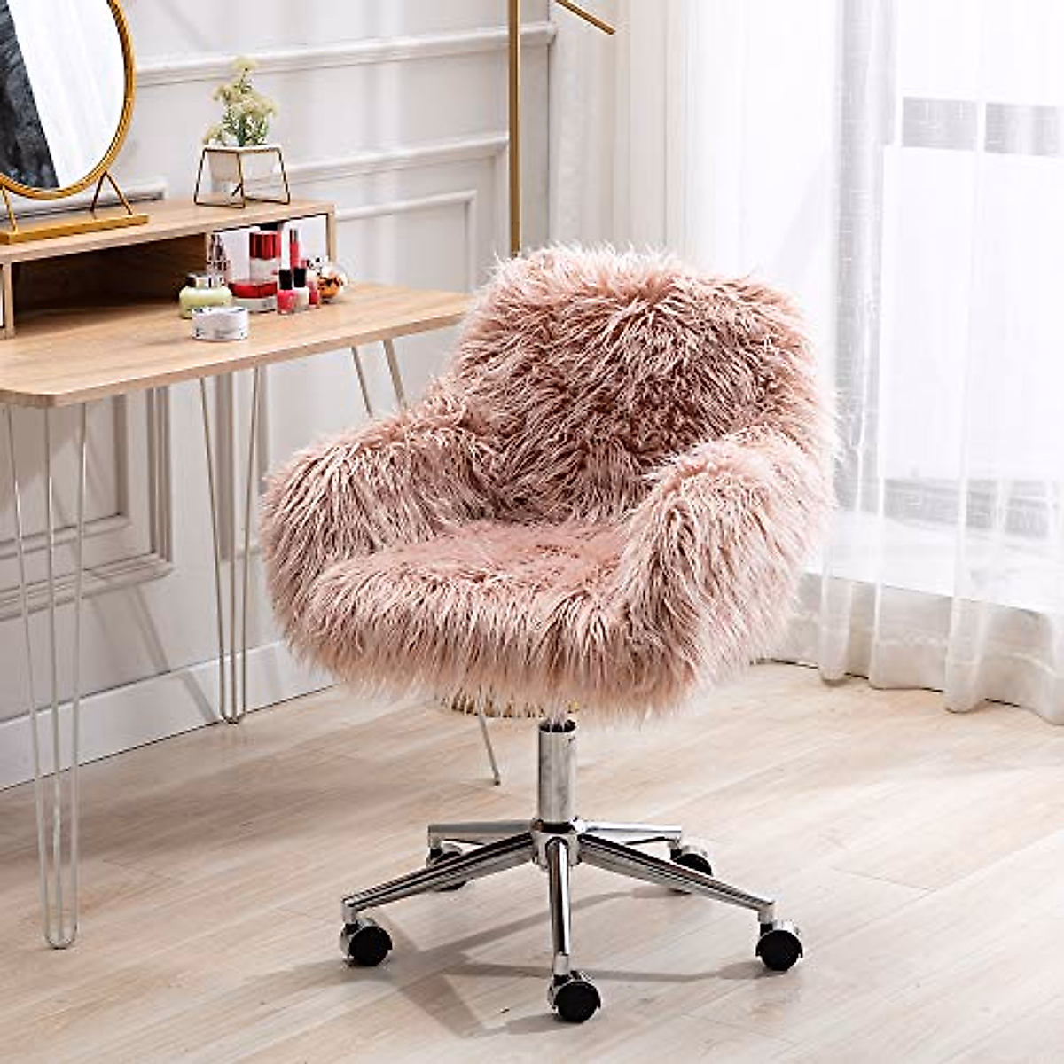 KCC Fluffy Office Desk Chair, Faux Fur Modern Swivel Armchair with Wheels, Soft Comfy Fuzzy Elegant Accent Makeup Vanity Chairs for Women Girls, Home Living Dressing Room Bedroom, Pink
