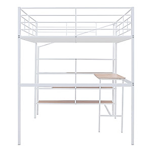 FANYHOME Metal Loft Bed, Full Size Metal Loft Bed with Desk and Lateral Storage Ladder, Modern Loft Bed for Kids Teens, Easy Assembly, Maximize Space Saving (White)