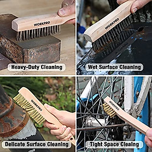 WORKPRO Wire Brush Set, 6 Pcs Brass/Stainless Steel Wire Scratch Brush Set, Small Large Size with Beechwood Handle for Cleaning Rust, Paint and Welding Slag