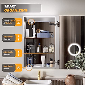 KRISTALLUM LED Lighted Medicine Cabinet Front & Backlit Dimmable Colours, Clock & Temp, USB Outlets