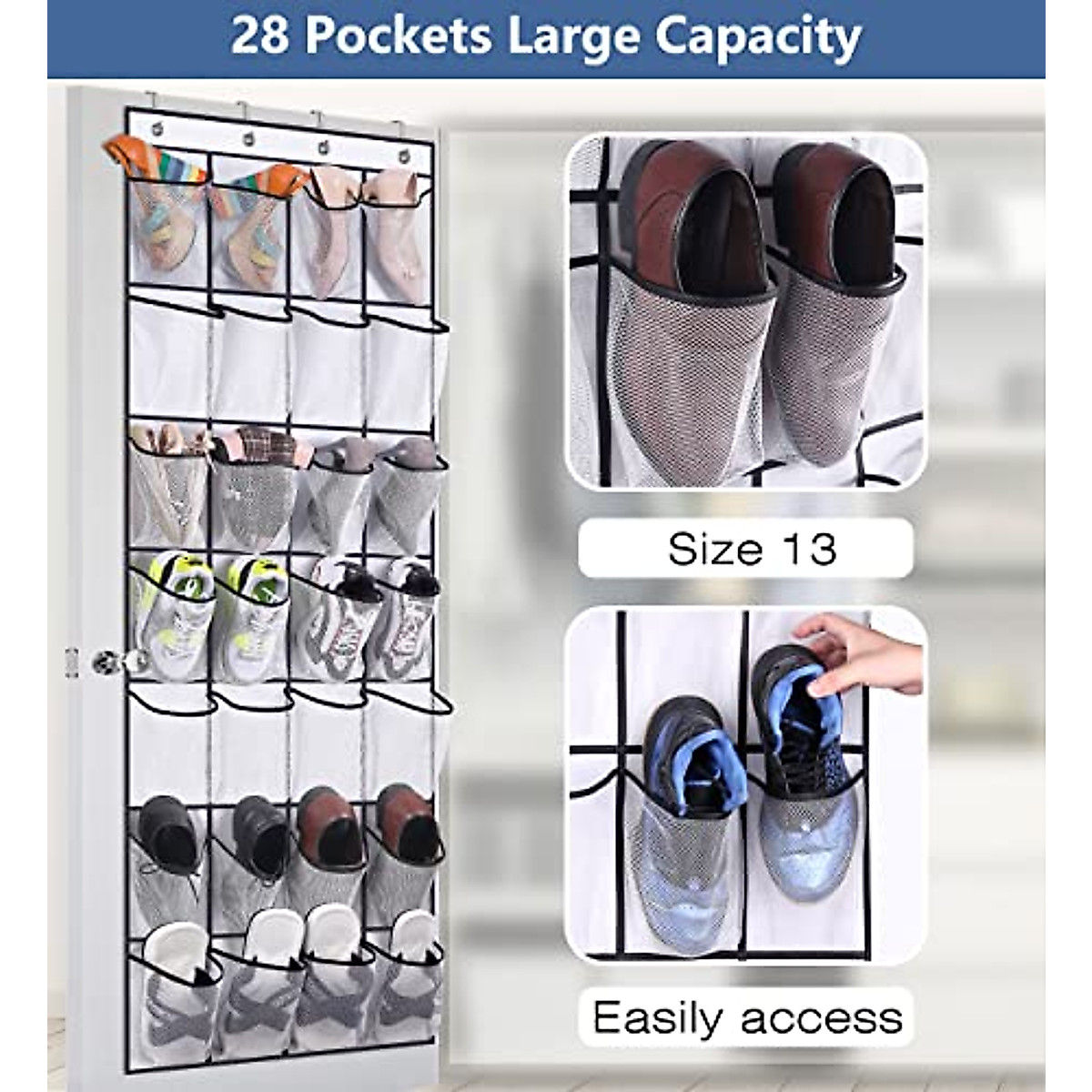 MISSLO 2 Pack 28 Large Pockets Hanging Shoe Rack Door Shoe Organizer Hanging Shoe Storage Hanger for Closet Mesh Holder, Grey, White