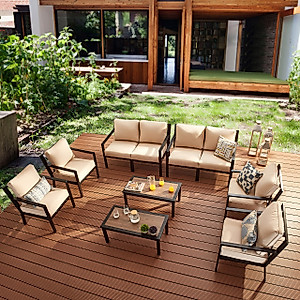 LOKATSE HOME Outdoor Coffee Table Patio Furniture with Wood Grain Top for Balcony, Brown