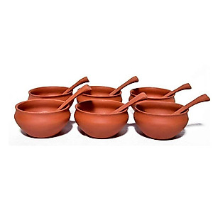 Odishabazaar Bowl Set Handcrafted Terracotta Pottery Clay Soup Bowls Set (Large, Brown)