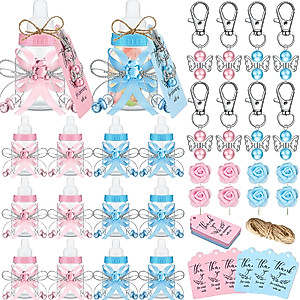TrelaCo 68 Pcs Baby Shower Bottle Favor 20 Pcs Mini Milk Bottles 20 Pcs Angel Keychains Baby Shower Favors 20 Pcs Thank You Tags 8 Pcs Artificial Flower for Boy Girl Newborn Baptism (Blue and Pink)
