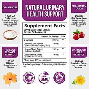 D-Mannose & Cranberry Extract 1350mg Advanced Formula, Fast-Acting Natural Urinary Tract Health Support for Women & Men, Flush Impurities in Urinary Tract & Bladder, Non-GMO, Vegan - 60 Capsules