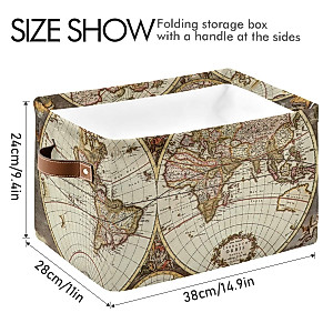 AUUXVA Globe Travel World Map Storage Basket Collapsible Cloth Storage Cube Basket Bins Organizer with Handles Rectangular Large Toys Shelf Closet for Nursery Bedroom Home Office