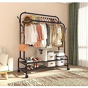 Antiwar Sturdy Metal Double Rodding Clothes Rack With Wheels, Portable Clothing Rack With Shelves & Hooks, Heavy Duty Garment Racks for Hanging Clothes, Multi-Functional Closet Rack for Bedroom, Black