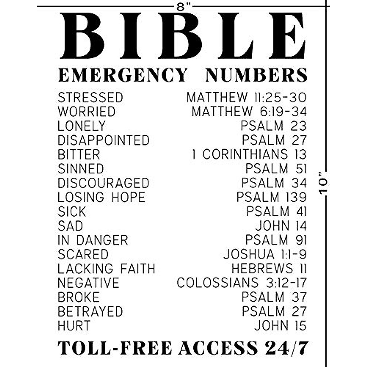 Funny Bible Verse Wall Art - 8x10" UNFRAMED Print - Bible Verse Emergency Numbers - Inspirational, Spiritual Typography Wall Print - Religious Gifts For Women And Men