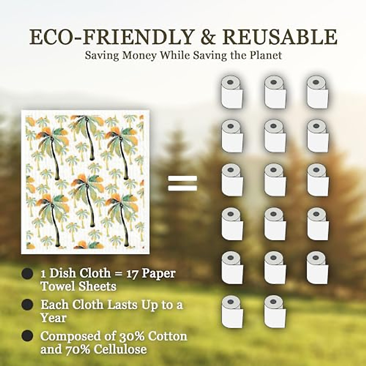 Swedish Dishcloths for Kitchen - Eco-Friendly Reusable Cleaning Cloths Alternative to Paper Towels - 100% Soft Organic Cotton Biodegradable Washable Cellulose Sponge Cloths (Palm Tree Designs, 5pc)