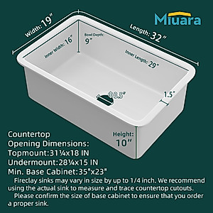 Miuara White Undermount Kitchen Sink 32 Inch - Large Kitchen Sink Drop In 32"x19", 9" Deep Dual Mount Drop In Kitchen Sink, Topmount Single Bowl Fireclay Sink For Kitchen, with Custom Accessories