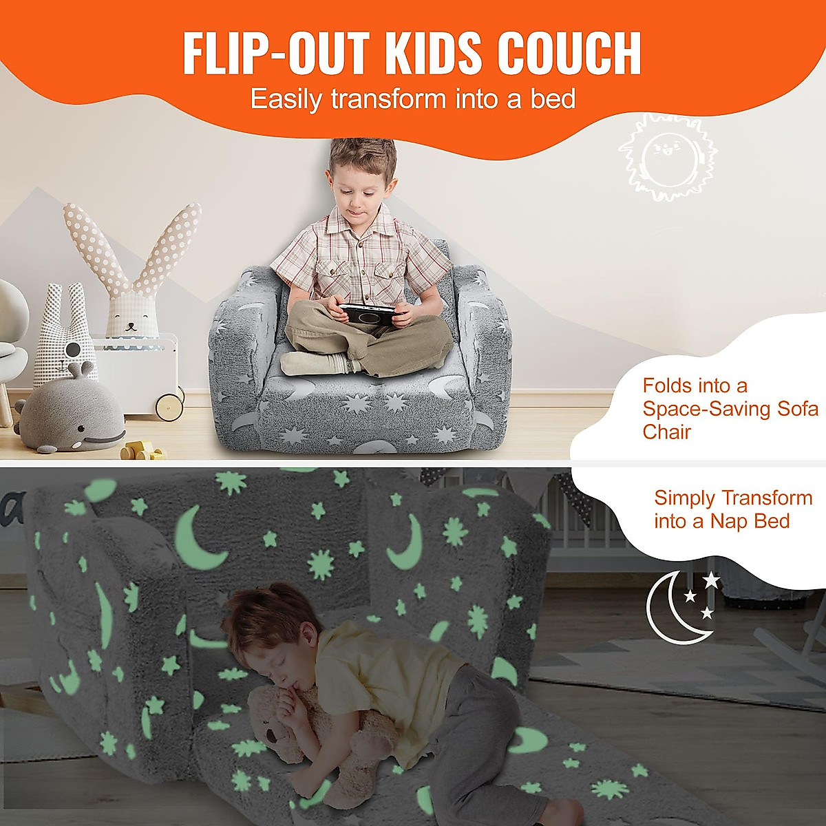 VEVOR Fold-Out Kids Sofa, Glow-in-The-Dark Kids Couch Chair, 2-in-1 Children Convertible Sofa to Lounger, Extra Soft Flip-Out Toddler Couch for Siting and Sleeping, for Bedroom and Playroom