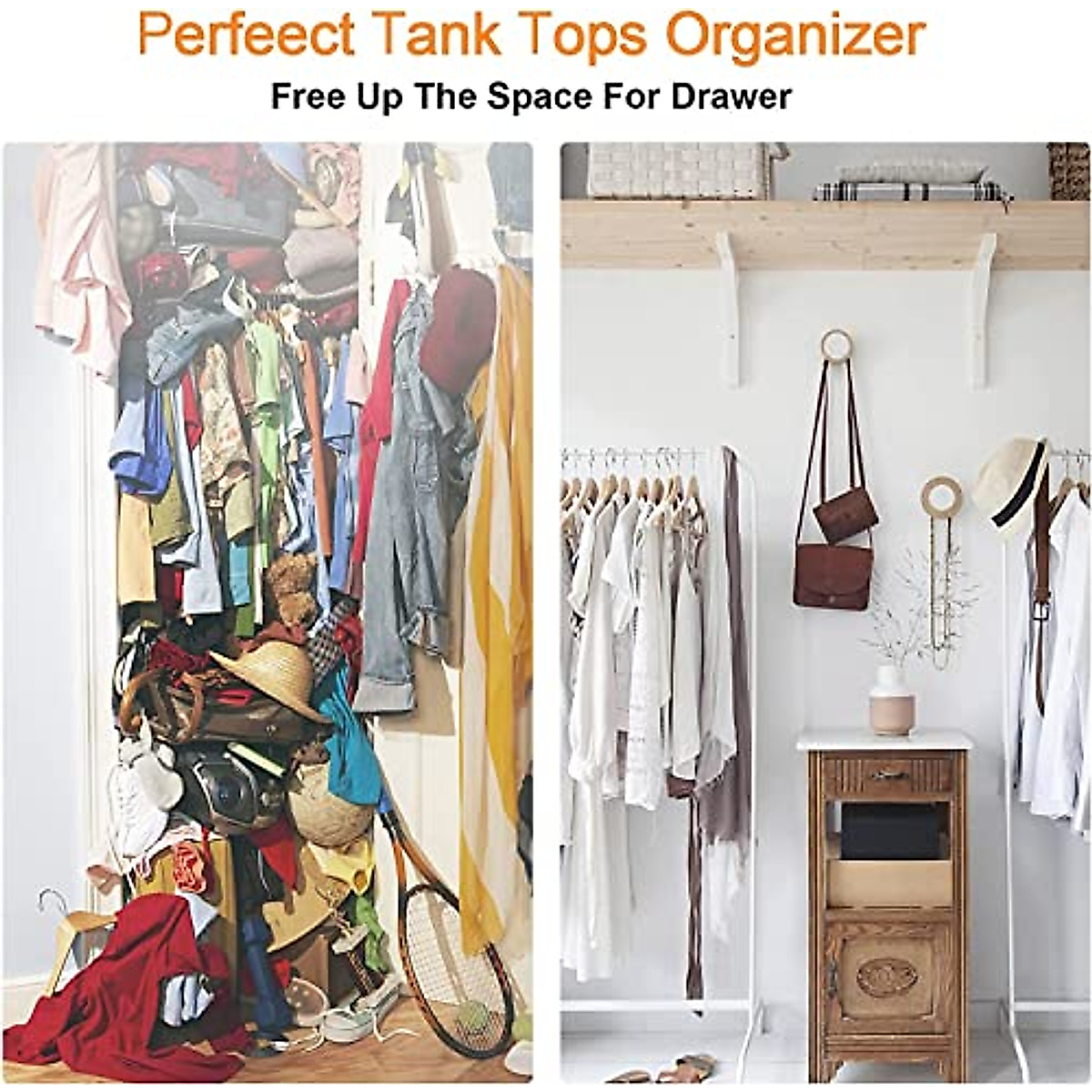 3 Pack Tank Top Hanger with Premium Wood,24 Large Capacity Foldable Metal Hooks,Space Saving,360° Rotating,Closet Organizer for Tank Tops/Bras/Scarfs/Ties/Belts/Camisole/Bathing Suits/Stockings