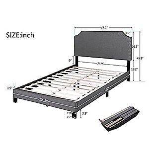 MOOLO Upholstered Platform Bed Frame with Nailhead Trim Headboard and Wood Slats Full Size Dark Grey