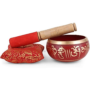 Tibetan Singing Bowl - 4 inch, Red Singing Bowl Set with Beater and Singing Bowl Cushion for Meditation and Yoga