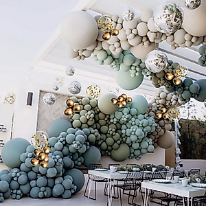 Dusty Blue Green Balloon Garland Arch Kit Blue Green White Sand Gold Confetti Balloons for Bridal Boho Birthday Party Backdrop Decorations