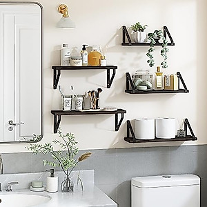 Fixwal Floating Shelves, Width 4.7 Inches Wall Mounted Shelves Set of 5, Rustic Wood Storage Bookshelves, Farmhouse Decor for Bathroom, Bedroom, Living Room, Kitchen and Office (Black)