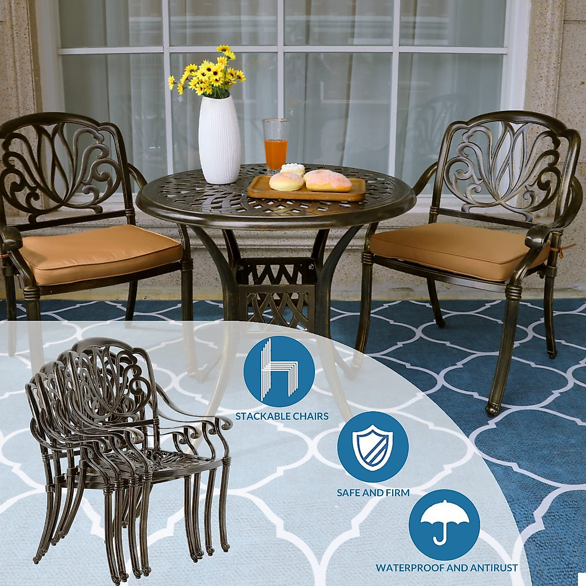 MEETWARM 2 Piece Patio Dining Chairs with Cushions, Outdoor All-Weather Cast Aluminum Chairs, Patio Bistro Dining Chair Set of 2 for Garden Deck Backyard, Dark Bronze