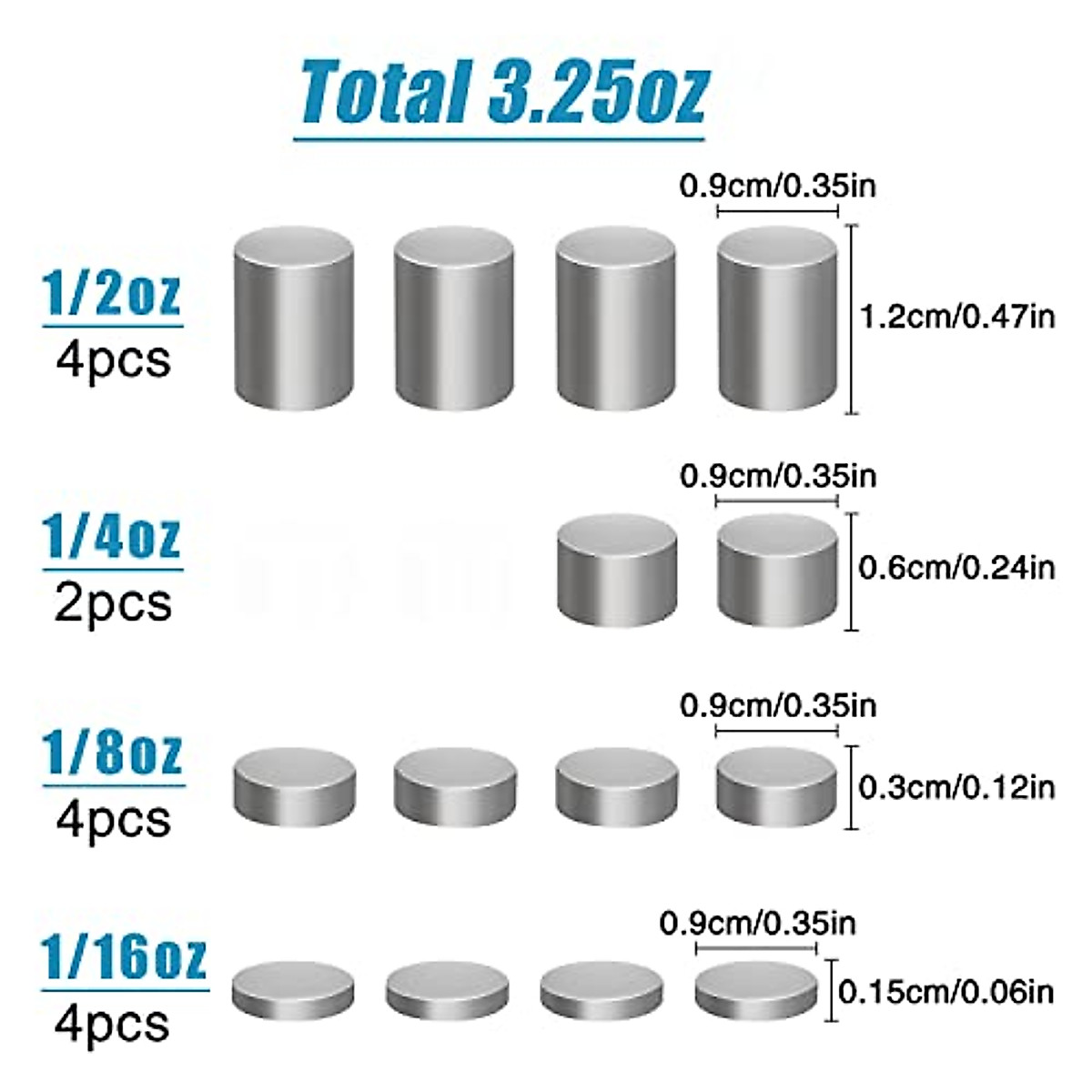 Tungsten Wood Car Weights 3.25oz Cylindrical Tungsten Weights Kit for Pine Race Wood Car, 14 Pieces Incremental Cylinders Weight to Optimize Your Wood Car Speed 4 Sizes