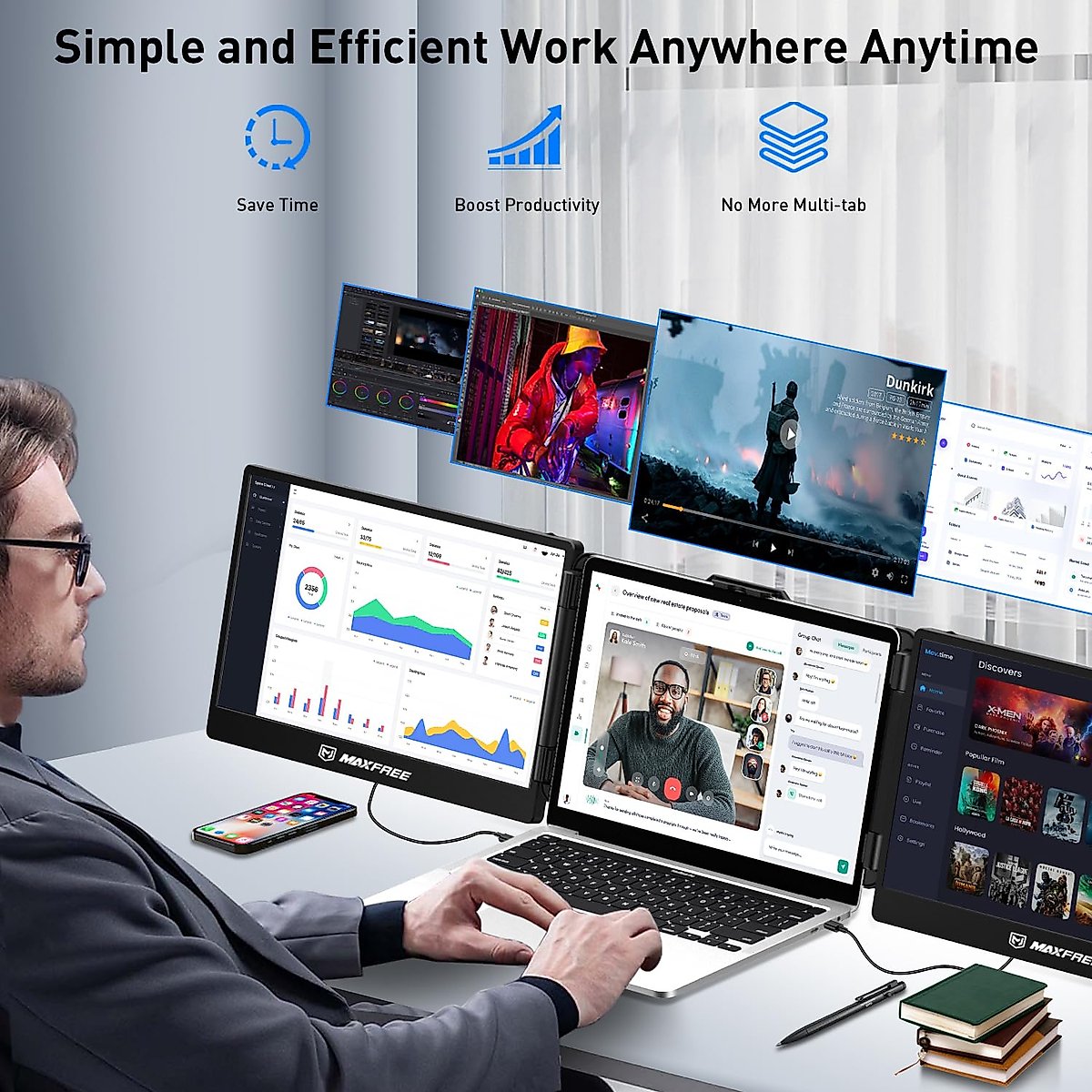 Maxfree S2 Laptop Screen Extender, 14'' Laptop Monitor Extender Plug & Play, 1080P FHD Triple Portable Dual Monitor for 13-17'' Laptops, Compatible with Windows/Mac/Surface/Android/Switch