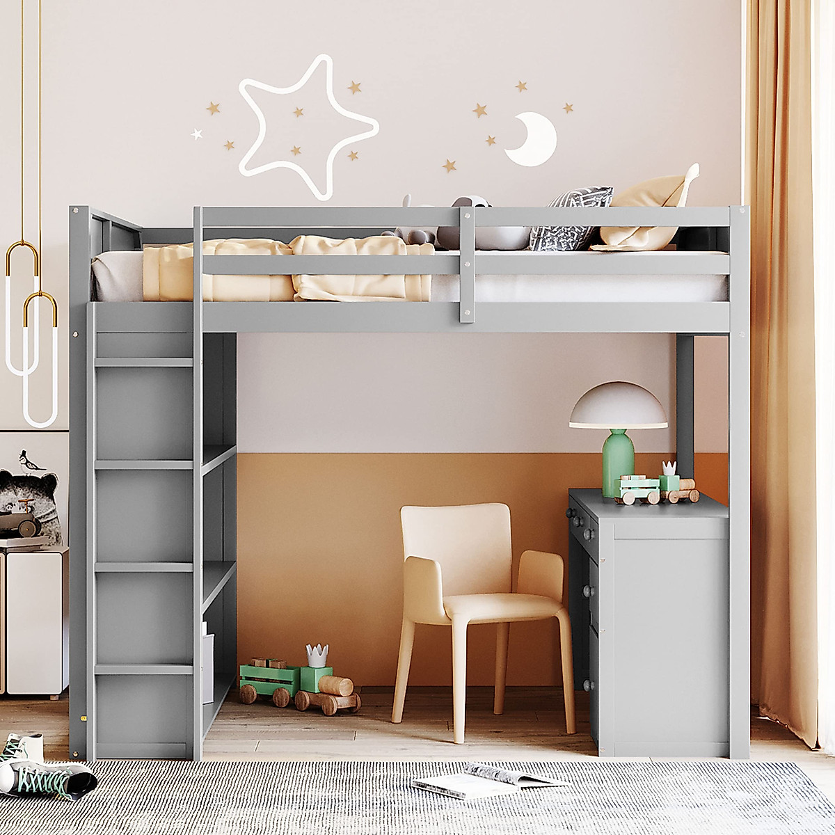 CITYLIGHT Full Loft Bed with Desk and Shelves,Wooden Full Size Loft Bed with Desk and Storage Drawers, Space Saving Loft Bed Full for Kids Girls Boys (Full,Grey)