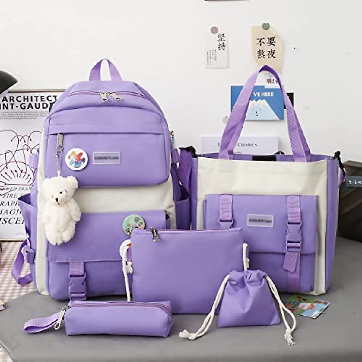 AONUOWE 5pcs Aesthetic Backpack Set for School Teens Girls Daypack Cute Trendy Large Capacity Preppy Shoulder Bag (Purple)