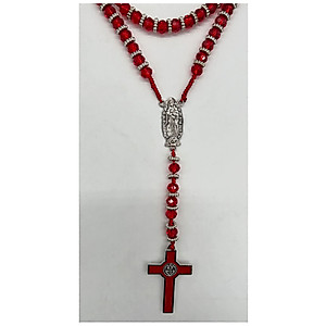 Bead Rosary Necklace with Crucifix and Our Lady of Guadalupe Medal Red Beads Catholic Prayer Rosaries Necklaces Jewelry for Boys Men Gifts Box (Silver)
