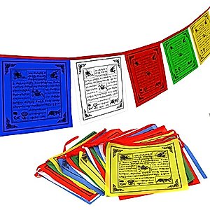 Anley Tibet Buddhist Prayer Flag – Traditional Five Elements - Horizontal Wind Horse Design (10” x 10”) - 25 flags & 23 feet