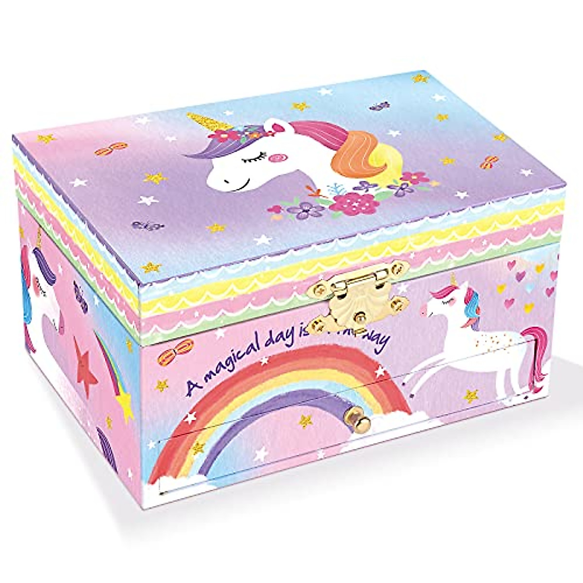 Girls Unicorn Musical Jewelry Box with Unicorn Charm Bracelet, Glitter Star and Rainbow Design, Unicorn Gifts for Girls Ages 3+