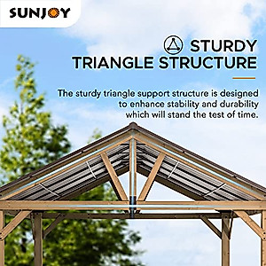 Sunjoy Wood Gazebo 13 x 15 ft. Outdoor Patio Premium Cedar Frame Gazebos with Brown Steel Gable Hardtop Roof for Garden, Backyard Shade, Brown Roof + Natural Wood Frame