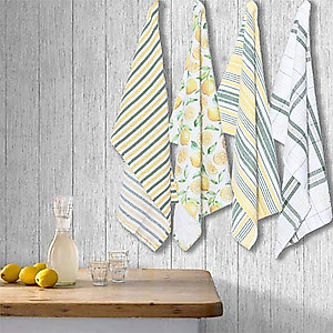 ANA Eco-Friendly 100% Cotton and Highly Absorbent Kitchen Discloth Towels | Lemon Yellow Print | Set of 4 | Stripe and Check Print | 20x28 inch | Designed to Make Your Kitchen More Alluring