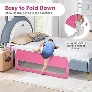 Costzon Bed Rail for Toddlers, 2 PCS Extra Long Swing Down Safety Bed Guards w/Straps for Convertible Crib, Kids Twin, Double, Full Size, Queen & King Bed, Folding Bed Rails for Baby (59-Inch, Pink)