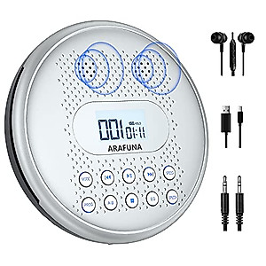 CD Player Portable, ARAFUNA Rechargeable Portable CD Players for Car with Speakers, Anti-Skip Walkman CD Player with Backlit Button, LCD Display and AUX Cable