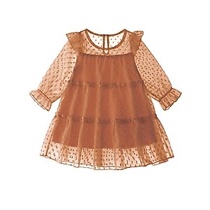 Glaoly Flower Girl Dress Summer A-Line Brown Ruffle Swiss Dot Mesh Flowy Chiffon Long Sleeve Princess Toddler Dress 5-6T