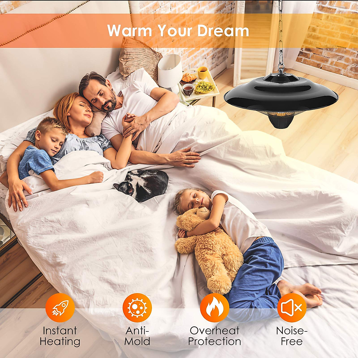 TRUSTECH Patio Heater, 1500W Electric Hanging Patio Heater for Outdoors/Indoors, 3s Fast Heating, Quiet & IP34 Waterproof, Tip-Over Shut Off, Ceiling Heater for Home Use/Balcony/Patio/Courtyard