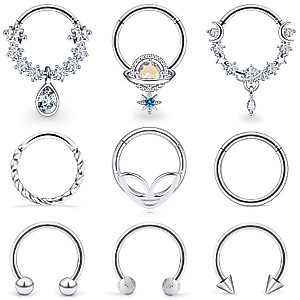 Vsnnsns 16G Septum Jewelry Septum Ring Piercing Jewelry Septum Clicker Ring and Horseshoe Barbell Stainless Steel Septum Nose Rings Hoop for Men Women Silver 10mm 9pcs