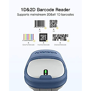 Inateck Bluetooth Barcode Scanner, 2D Wireless Barcode Scanner, Bluetooth 5.0 and 2.4Ghz Adapter, 3 in 1 Reader, Support GS1 Barcode, BCST-73 Blue White