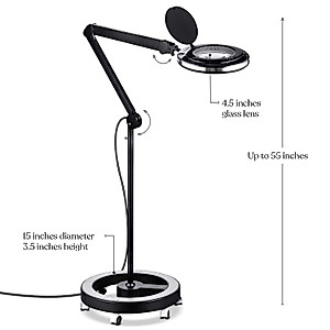 Brightech Lightview Pro Magnifying Glass with Stand & Light, Magnifying Floor Lamp with 6-Wheel Rolling Base for Facials & Lashes – Dimmable LED Work Light for Crafts, Sewing, and Projects - 5 Diopter