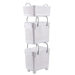HANAMYA 3 pieces of Laundry Hampers Basket, with Lid and Wheels, Modern Hollow-carved Design, White