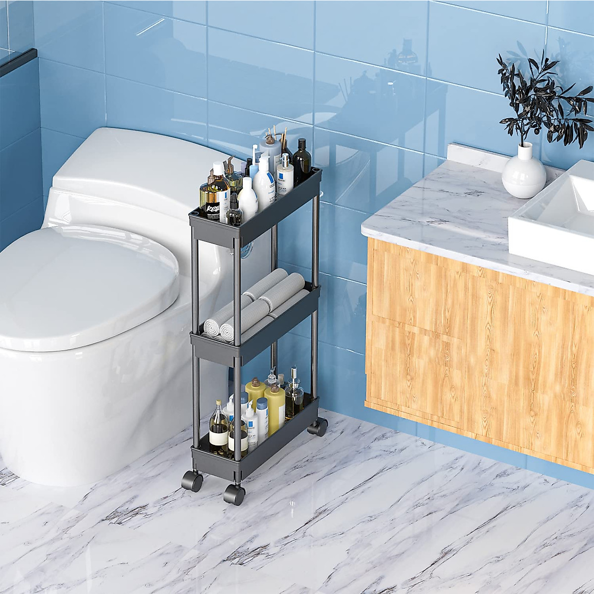 Sooyee 3 Tier Rolling Cart with Wheels,Slim Storage Cart,Narrow Storage Cabinet,Under Desk Storage,Rolling Utility Cart Storage Organizer for Office Bathroom Kitchen Laundry Room Narrow Places, Black