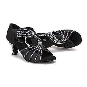YYTing Half Rhinestones Ballroom Dance Shoes Women Latin Salsa Practice Wedding Indoor Crystals Footwear 2.5in Heels YT05(7,Black)