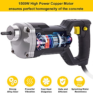 Handheld Concrete Vibrating Tool, 1500W Electric Concrete Vibrator with 6.6ft Shaft Rod, 14400VPM Portable Pencil Cement Vibrarator Remove Air Bubble and Mix Concrete, ROLAYSEE TOOLS