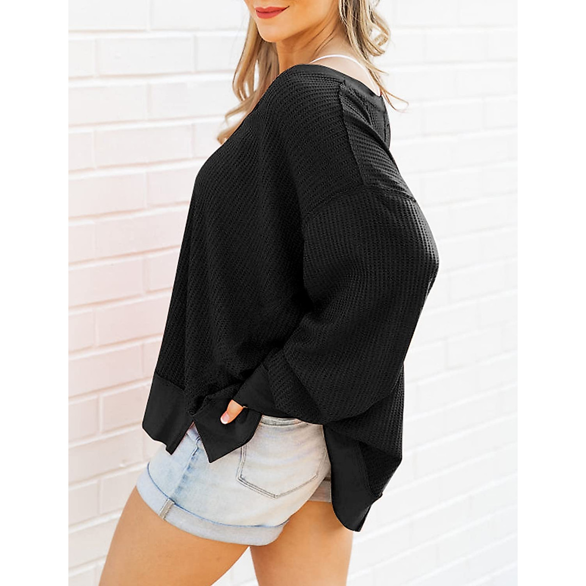 ASTANFY Womens Long Sleeve Sweatshirts Waffle Knit Shirts V Neck Solid Color Pullover Casual Loose Fit Tunic Tops