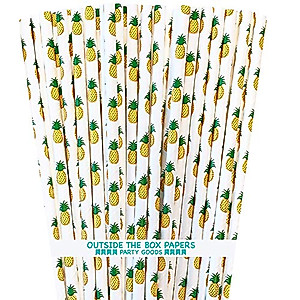 Pineapple Theme Paper Straws - Yellow Green White - Hawaiian Luau - 7.75 Inches - 100 Pack - Outside the Box Papers Brand