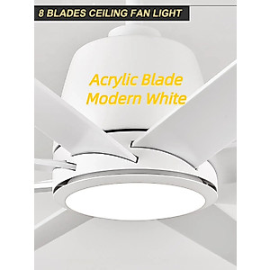 FookChak 65in White Large Ceiling Fan with Lights Remote Control 8-Blade Outdoor Ceiling Fan Light for Patio, Multi-speed Reversible Airflow for Garage Home Office Gym Room Living Room Bedroom