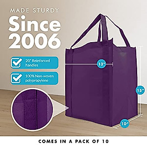 Simply Green Solutions - Reusable Grocery Bags, Wide Tote Bags with 20-Inch Reinforced Handle, Shopping Bags for Groceries, Reusable Gift Bags with Handles, 13 x 15 x 10, Pack of 10, Deep Purple