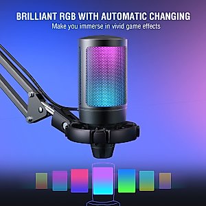 FIFINE Gaming PC Microphone with Boom Arm for Computer Bundle, RGB Mic with Mute Button for Streaming Online Chat Gamer Youtuber Set-AmpliGame (A6T+U1)