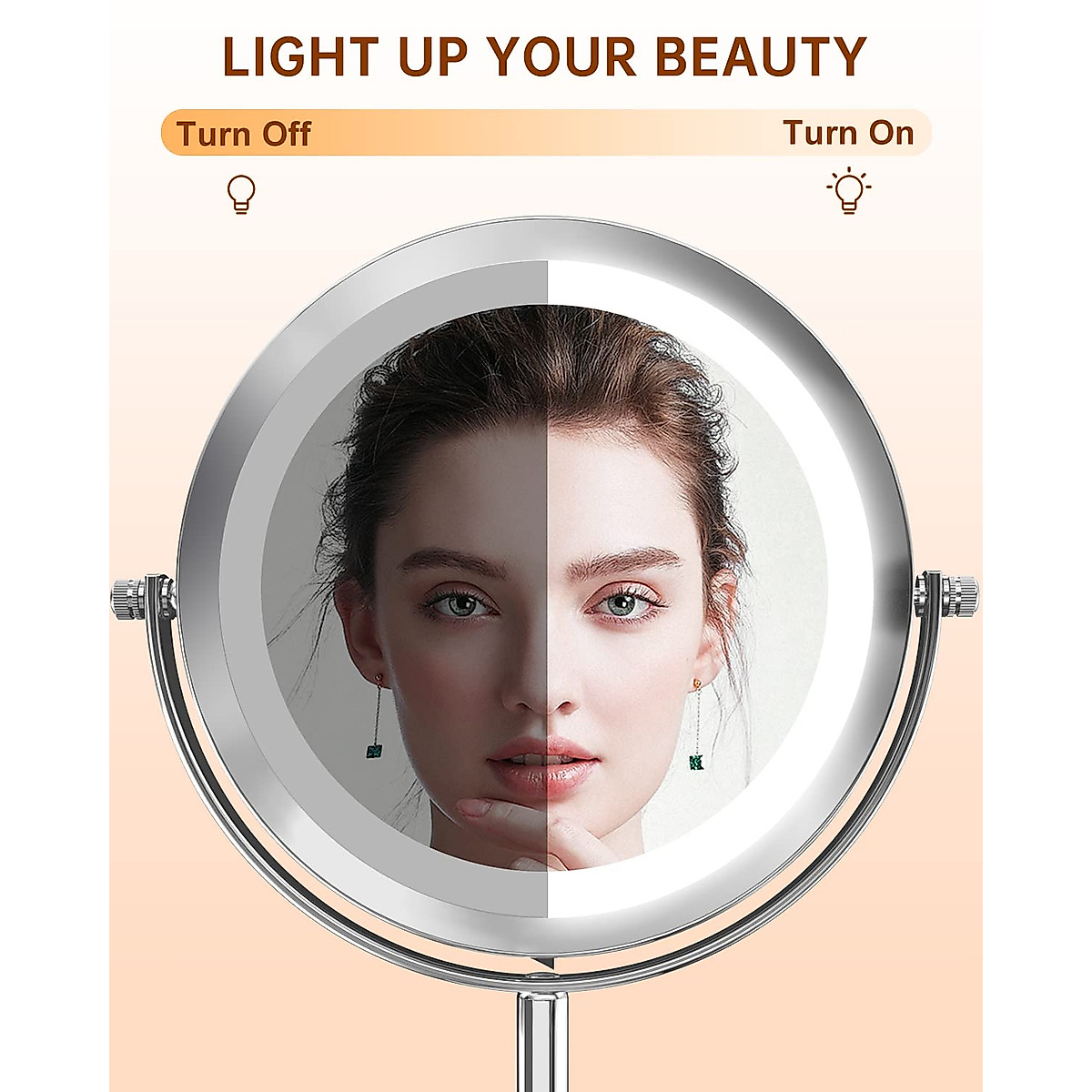1X/10x Magnified Lighted Makeup Mirror Double Sided Round Magnifying Mirror Standing 360 Degree Swivel Vanity Mirror Battery Operated 7 Inch Diameter Shaving Bathroom Mirror